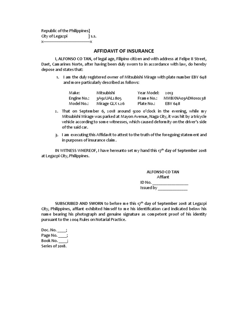 Affidavit of Insurance - Alfonzo Tan | PDF | Law