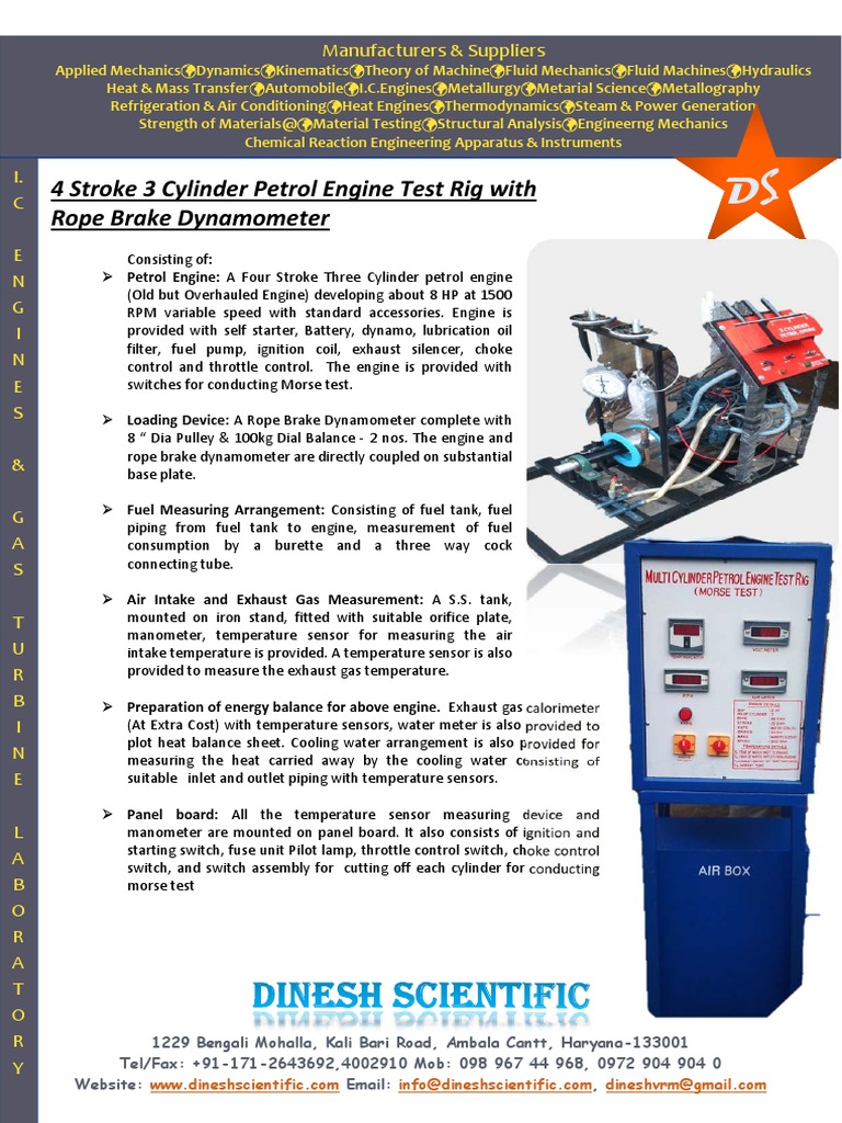 4 Stroke 3 Cylinder Petrol Engine Test Rig With Rope Brake Dynamometer ...