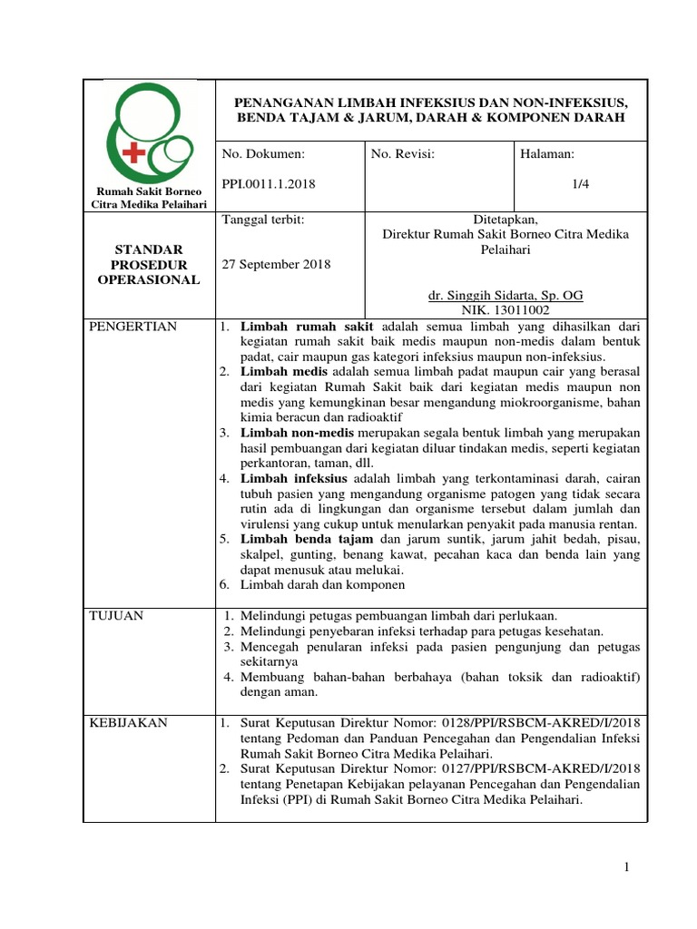 Spo Penanganan Limbah Infeksius Dan Non-Infeksius, Benda Tajam & Jarum, Darah & Komponen Darah | PDF