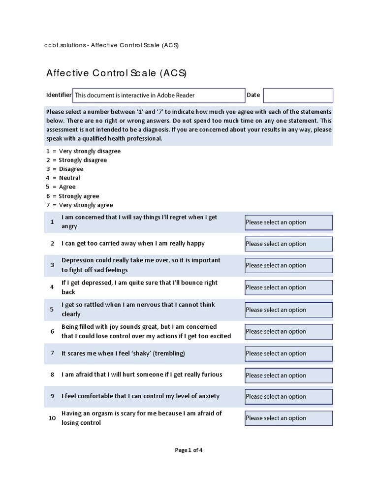 CCBT - Solutions - Affective Control Scale (ACS) | PDF | Feeling | Anxiety