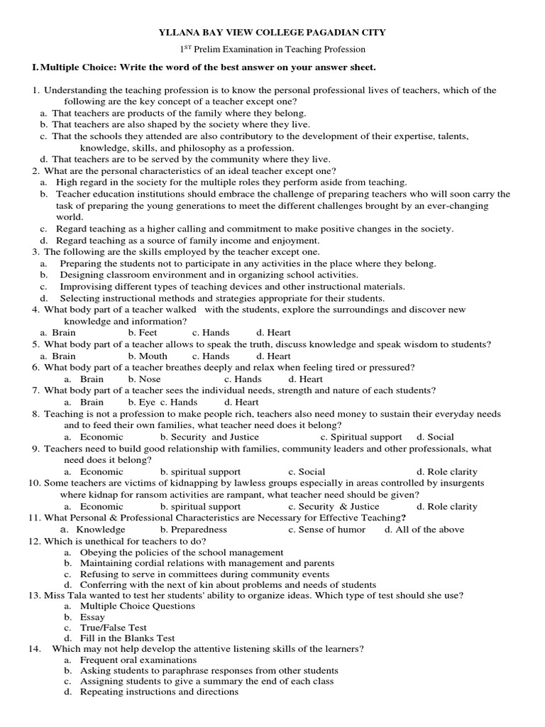 1st Prelim - Teaching Profession-Zm | PDF | Teachers | Curriculum