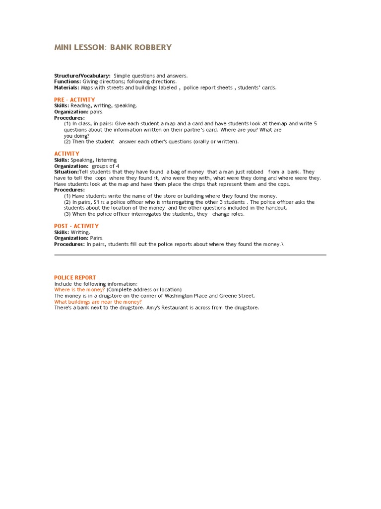 Bank Robbery Mini Lesson Plan | PDF | Cognition | Learning