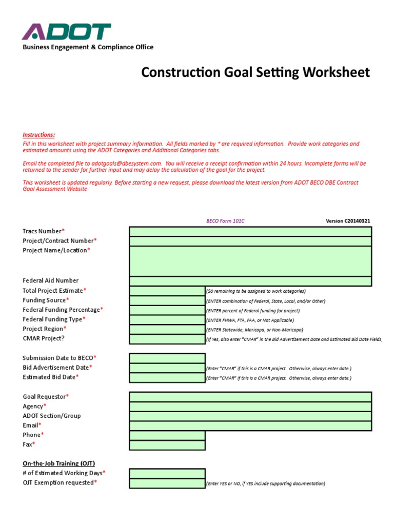 Construction Goal Setting Worksheet: Business Engagement & Compliance ...
