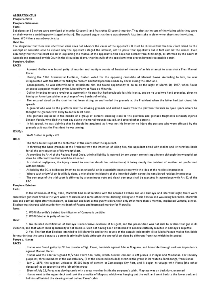 Aberratio Ictus Onwards Cases | PDF | Intention (Criminal Law ...
