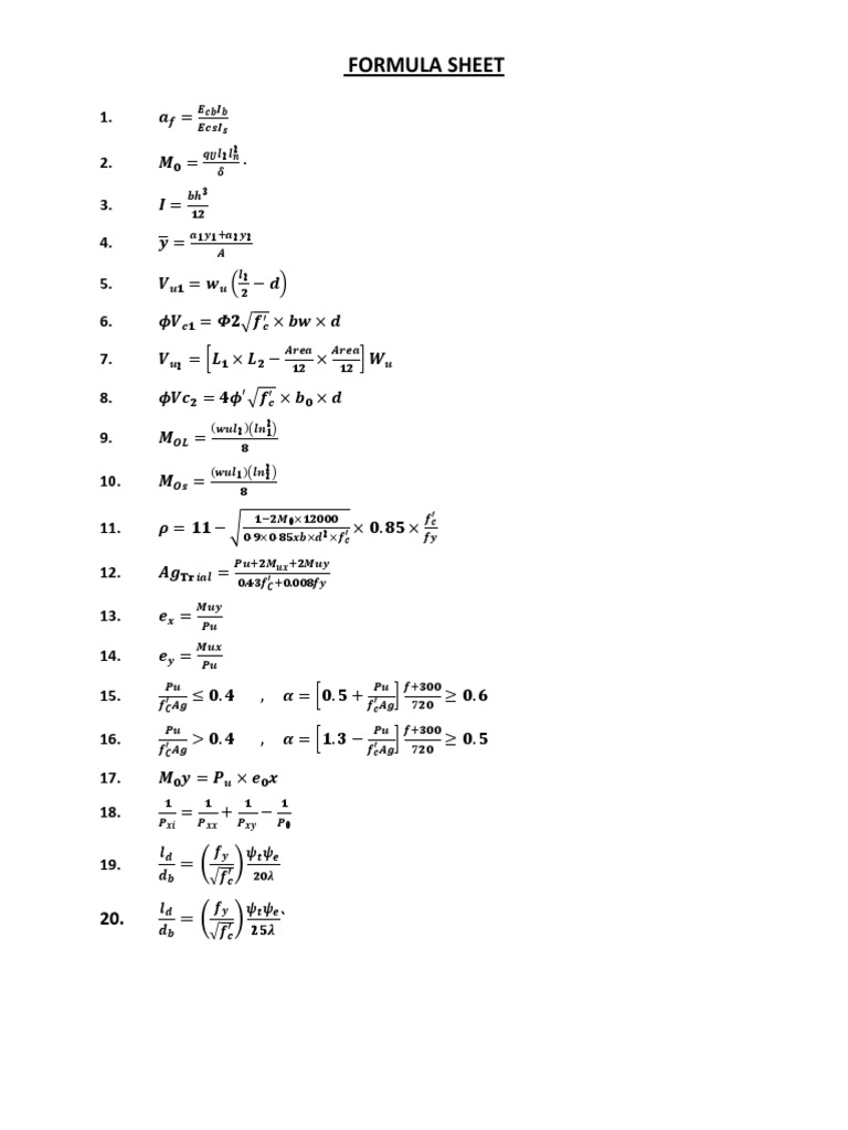 Formula Sheet For PRC Slab Design by DDM