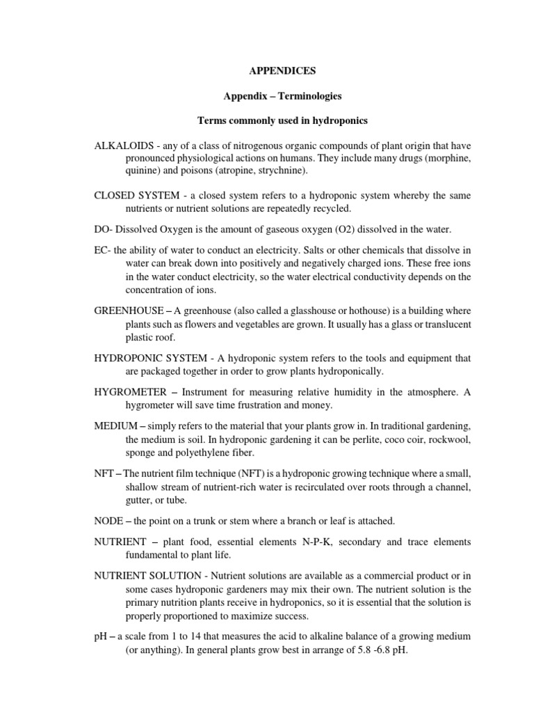 Appendices Appendix - Terminologies Terms Commonly Used in Hydroponics | PDF | Hydroponics ...