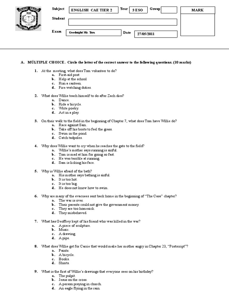 Goodnight Mr. Tom Exam Questions | PDF