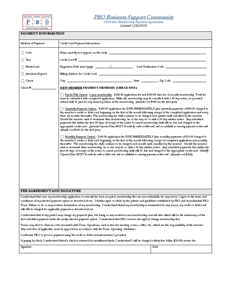 PRO Membership Payment Agreement 2019 | PDF | Payments | Credit Card