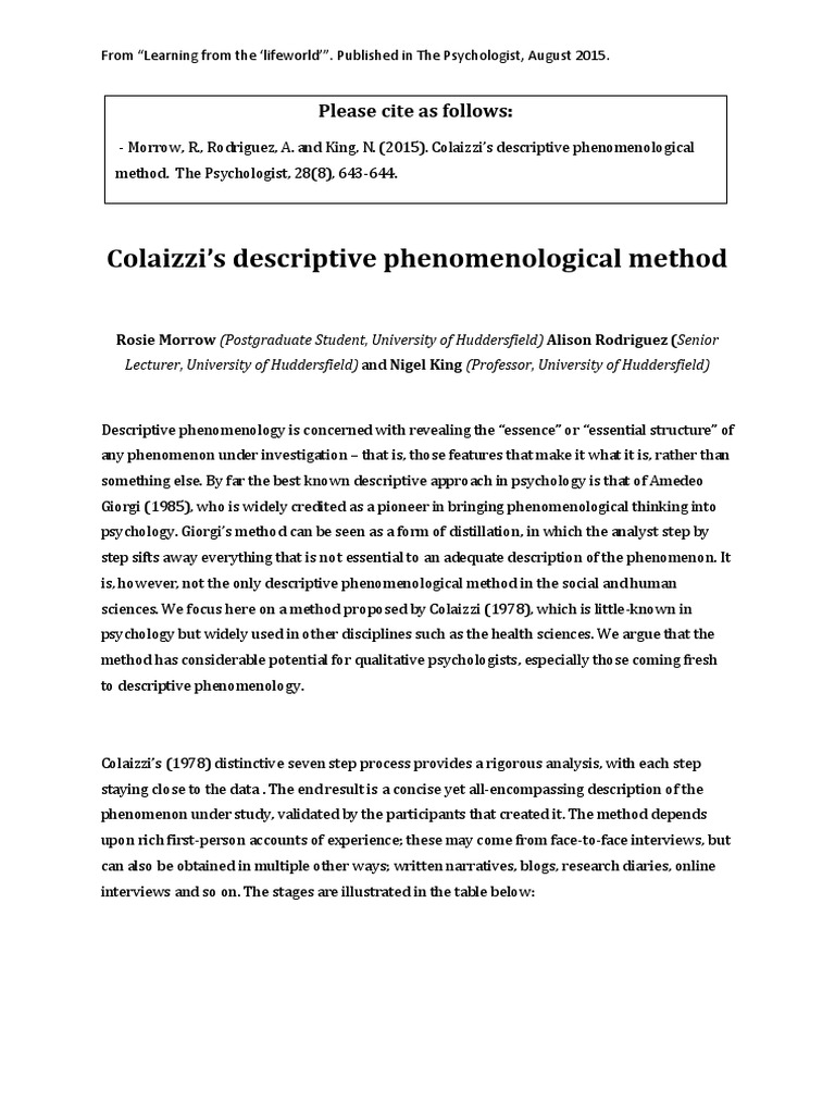 Colaizzi's Descriptive Phenomenological Method: Please Cite As Follows ...