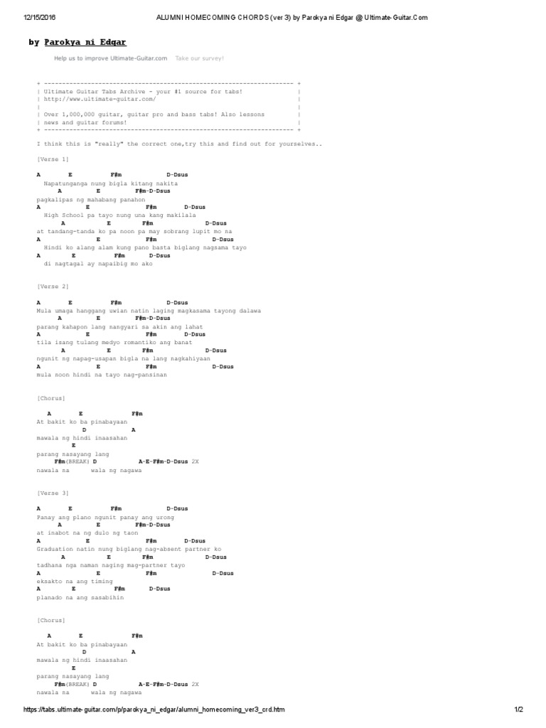 ALUMNI HOMECOMING CHORDS (Ver 3) by Parokya Ni Edgar at Ultimate-Guitar ...