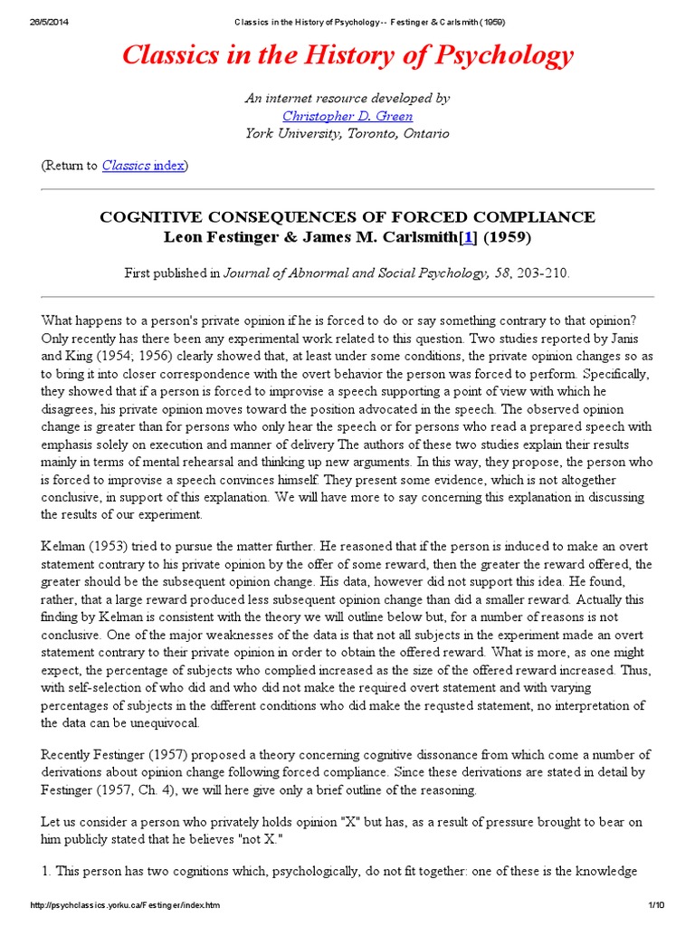 Classics in The History of Psychology - Festinger & Carlsmith (1959 ...
