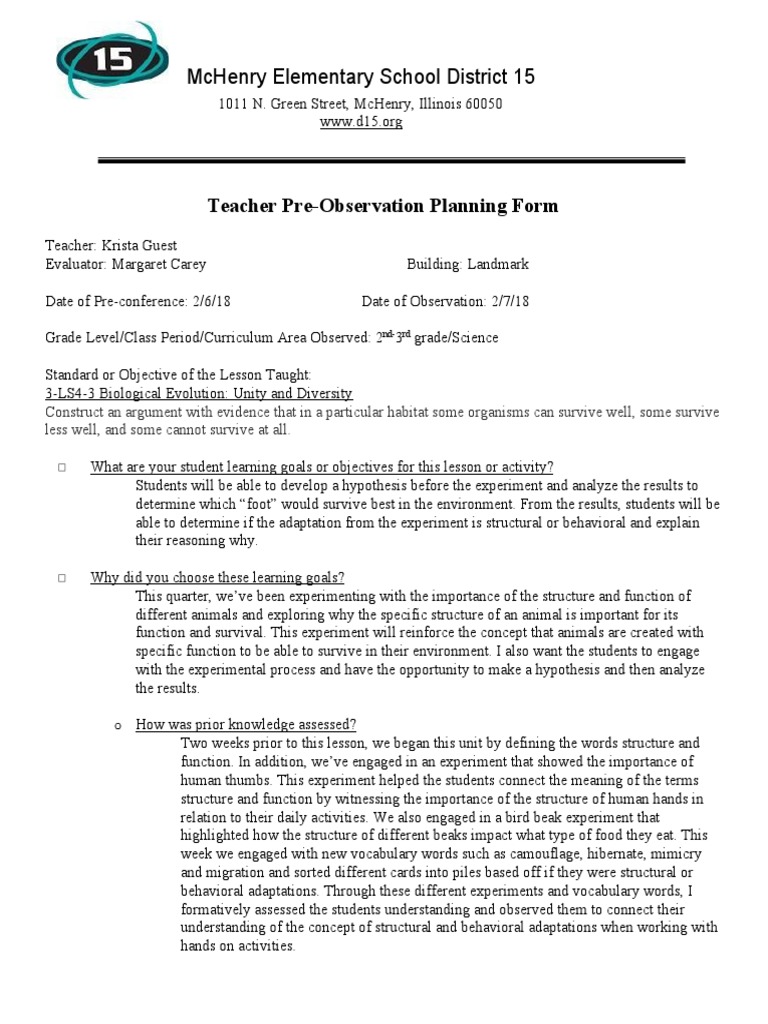 Teacher Pre Observation Form 2018 | PDF | Experiment | Learning