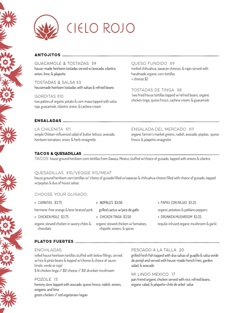 Cielo Rojo dinner menu | Latin American Cuisine | Mexican Cuisine