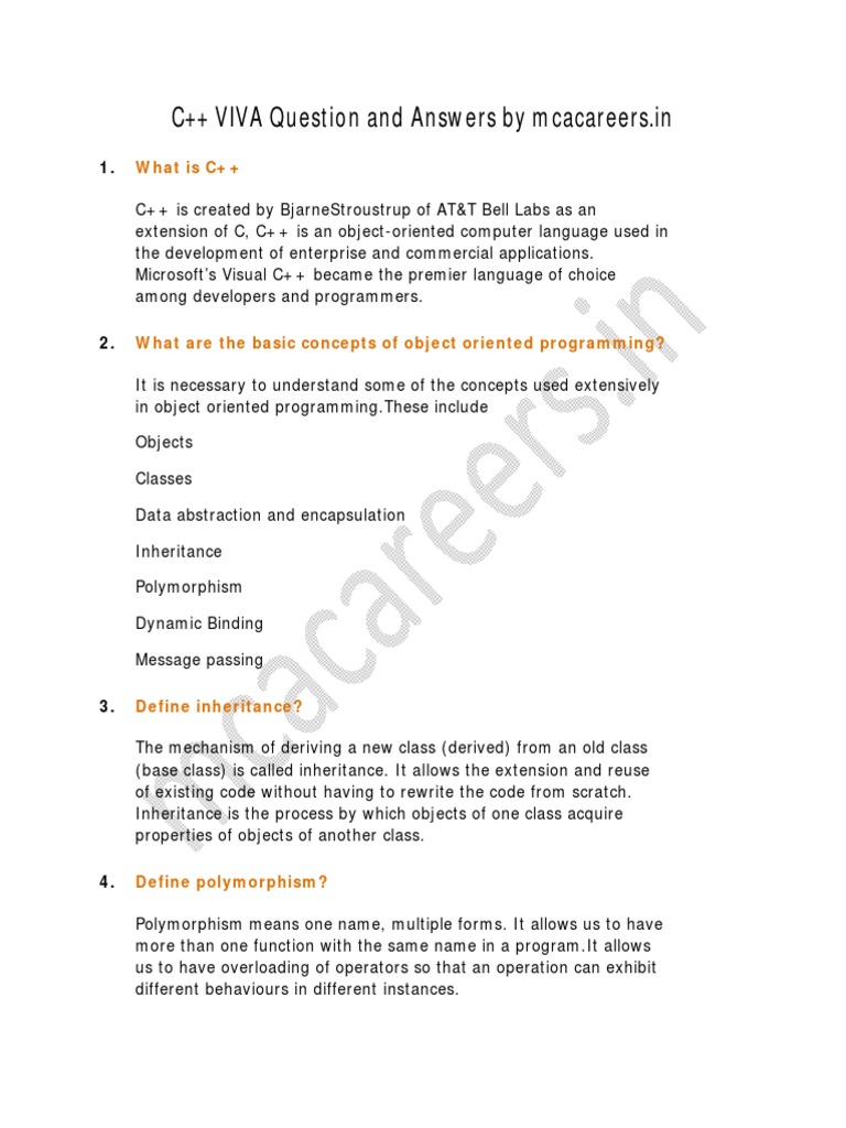 C++ VIVA Question and Answers by Mcacareers - in | PDF | Constructor (Object Oriented ...