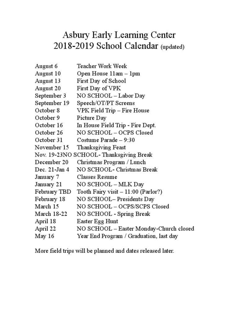 2018-2019 School Calendar Overview | PDF | Social Science | Cooking ...