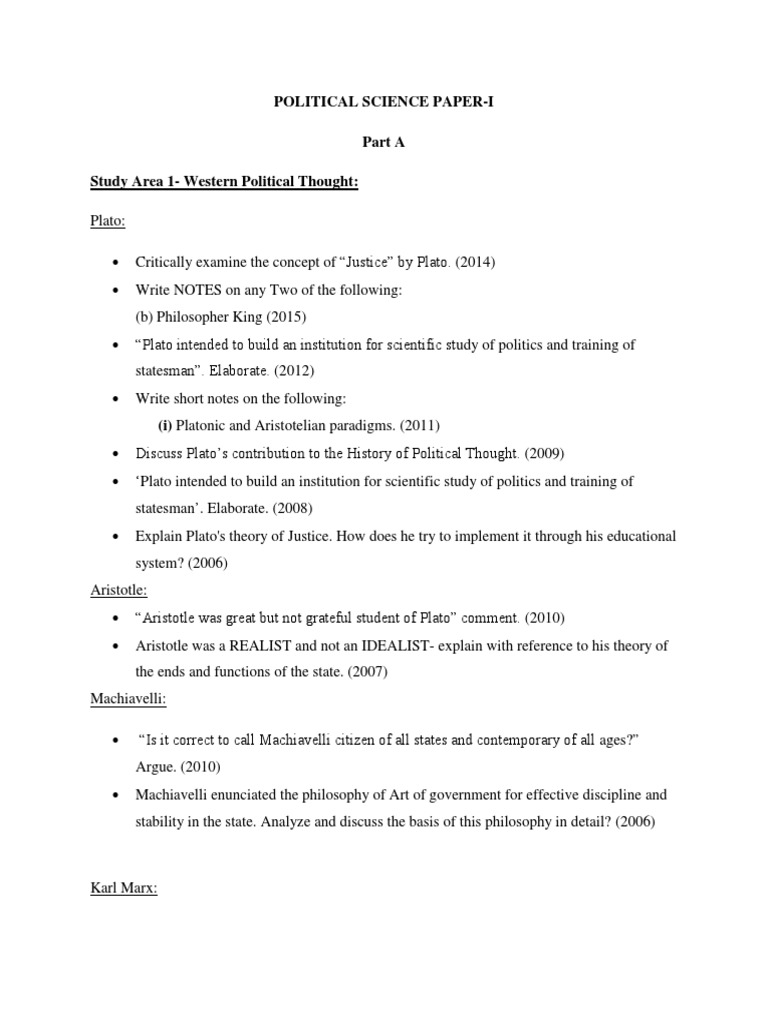 Political Science Paper-I Part A Study Area 1-Western Political Thought ...