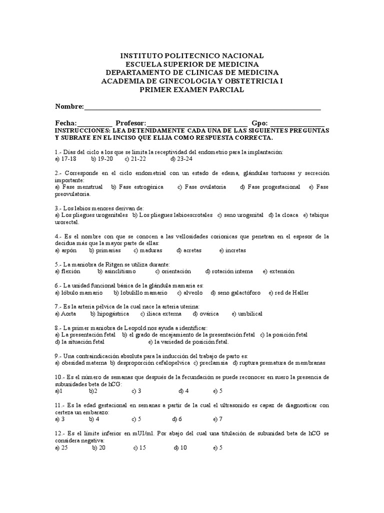 Primer Examen Parcial Gineco II | PDF | Parto | El embarazo