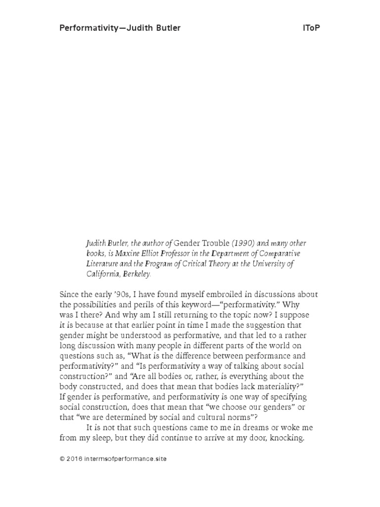 Performativity Judith Butler | PDF | Gender | Gender Studies