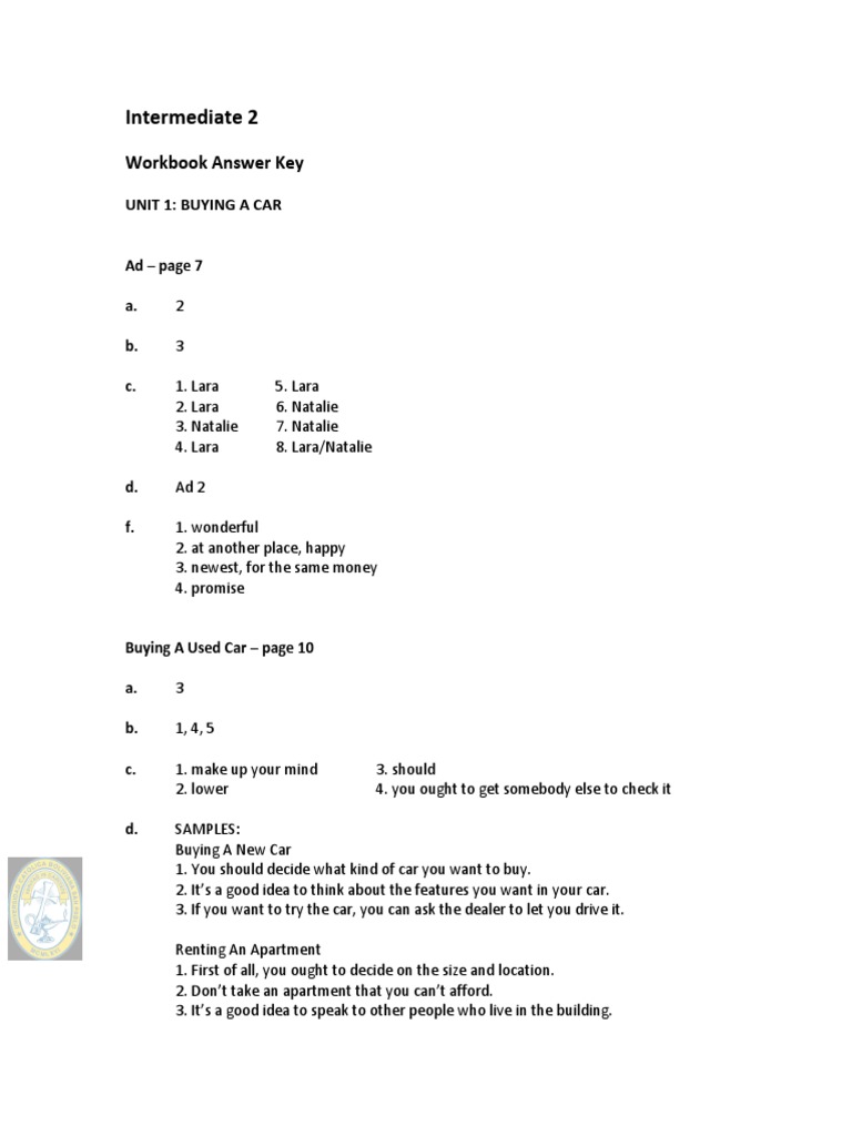 Intermediate 2 Workbook Answer Key | PDF | Baggage | Business