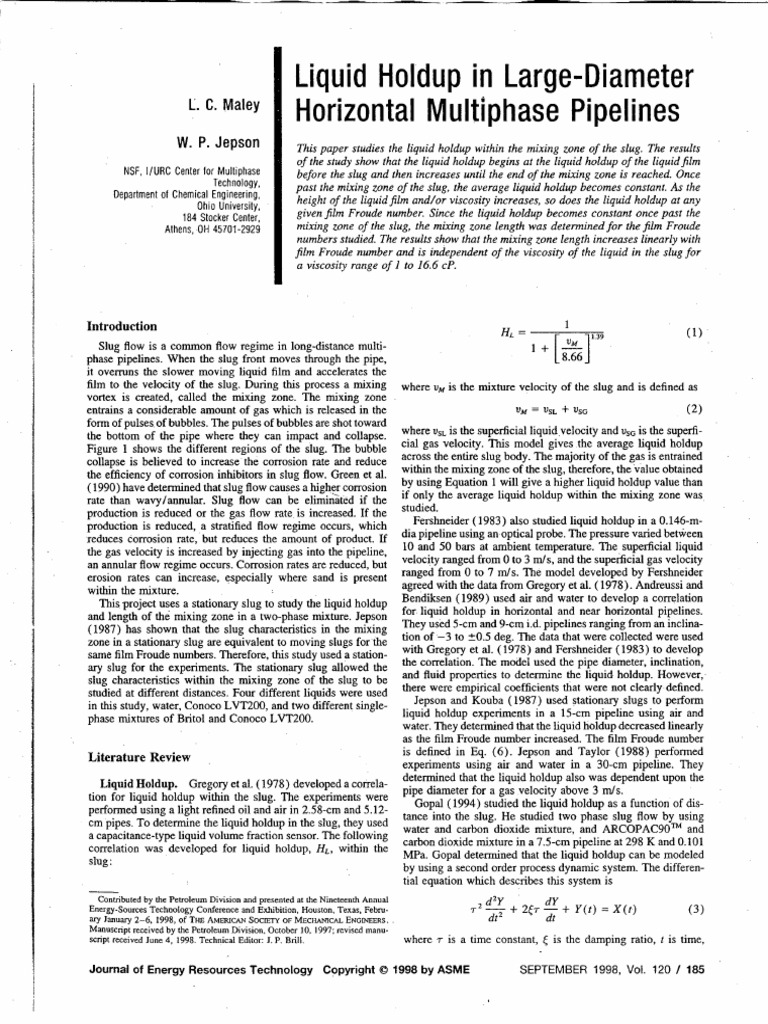 Liquid Holdup in Large-Diameter Horizontal Multiphase Pipelines | PDF | Liquids | Gases