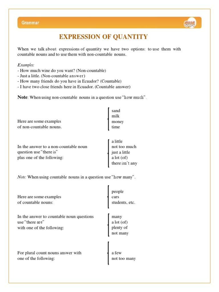 Expression of Quantity: Examples | PDF | Noun | Grammar