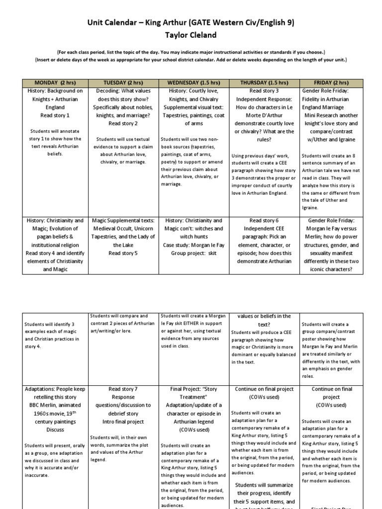 Cleland Unit Calendar With Terminal Objectives | PDF | King Arthur | Merlin