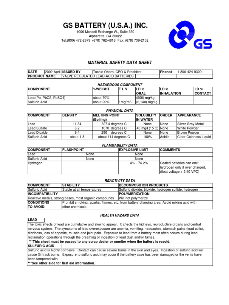 Gs Battery (U.S.A.) Inc.: Material Safety Data Sheet | PDF | Lead ...