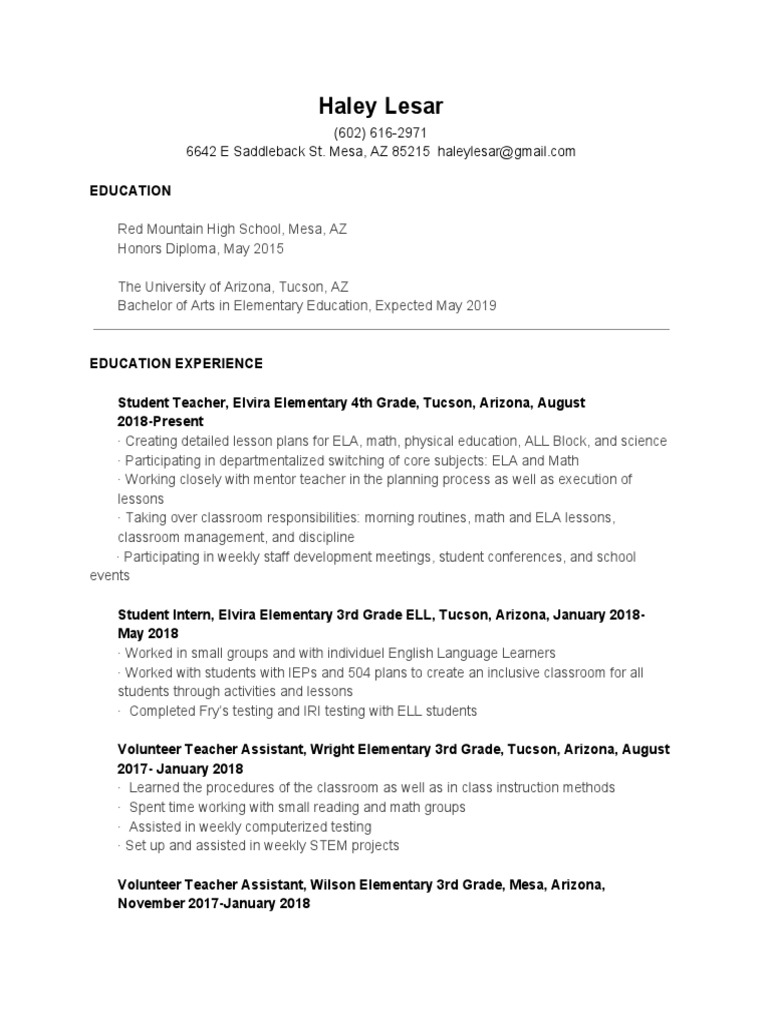 Haley Lesar Resume 2019 | PDF | Classroom | Primary Education