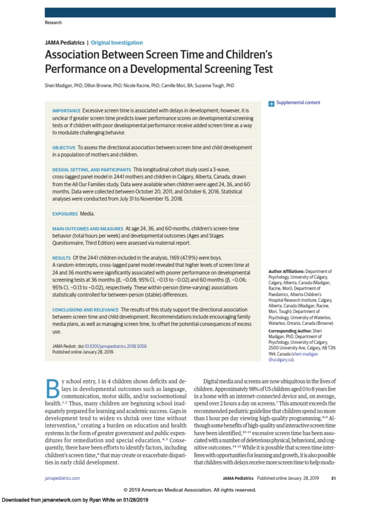 Association Between Screen Time and Children's Performance On A ...