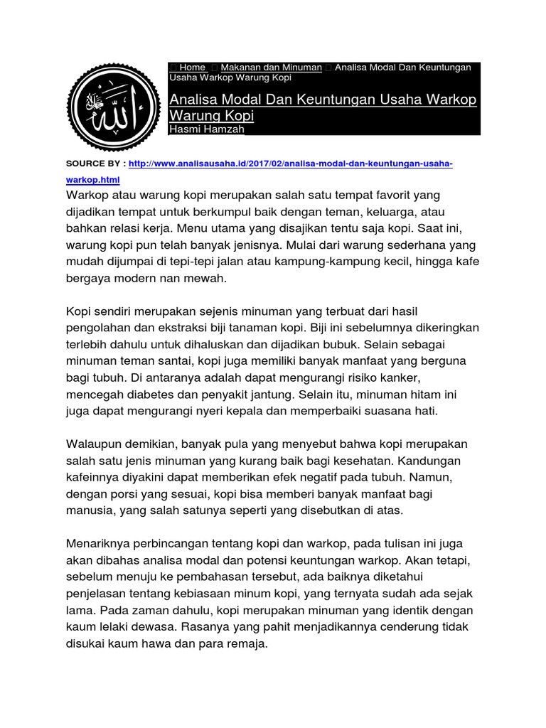 Analisa Modal Usaha Warkop Sederhana | PDF | Karier & Perkembangan | Bisnis