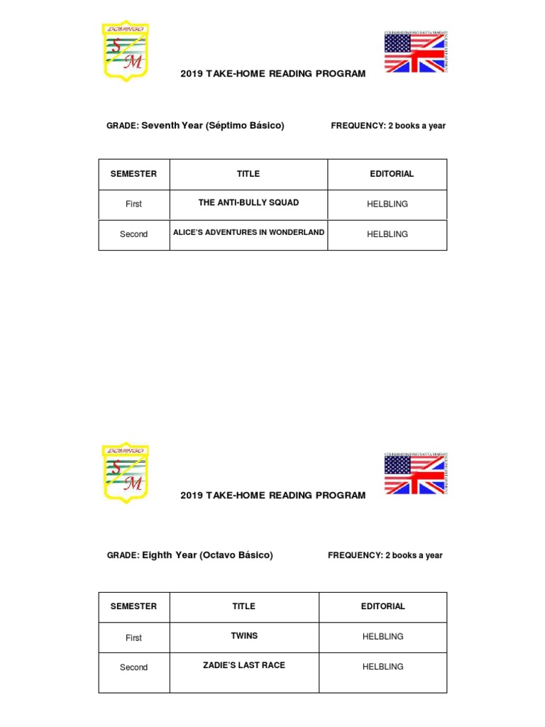 2019 Take-Home Reading Program: Grade: FREQUENCY: 2 Books A Year | PDF