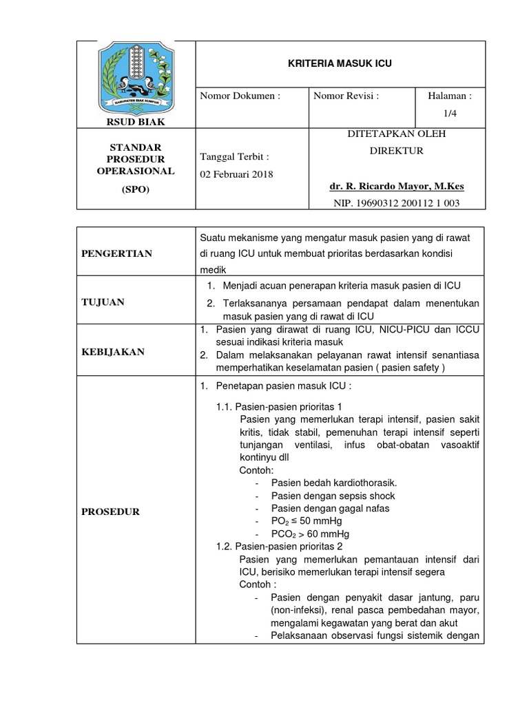 SPO Kriteria Masuk ICU | PDF