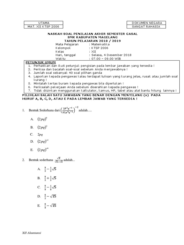 Soal TKM Matematika Gasal 2018/2019 | PDF