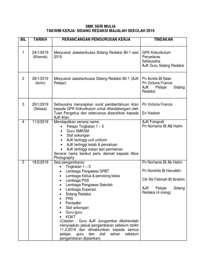 Contoh Takwim Kerja Sidang Redaksi Majalah | PDF