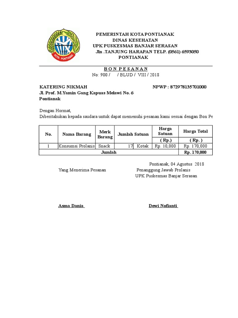 Bon Pemesanan Snack Prolanis | PDF