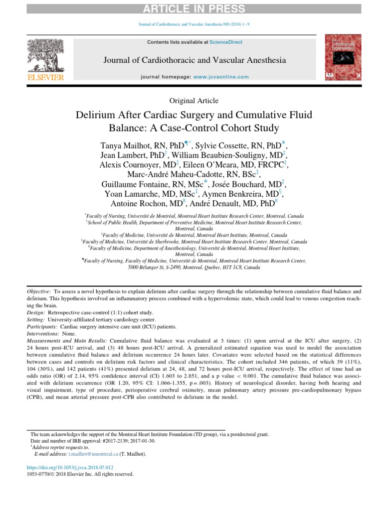 Delirium After Cardiac Surgery and Cumulative Fluid Balance A Case ...