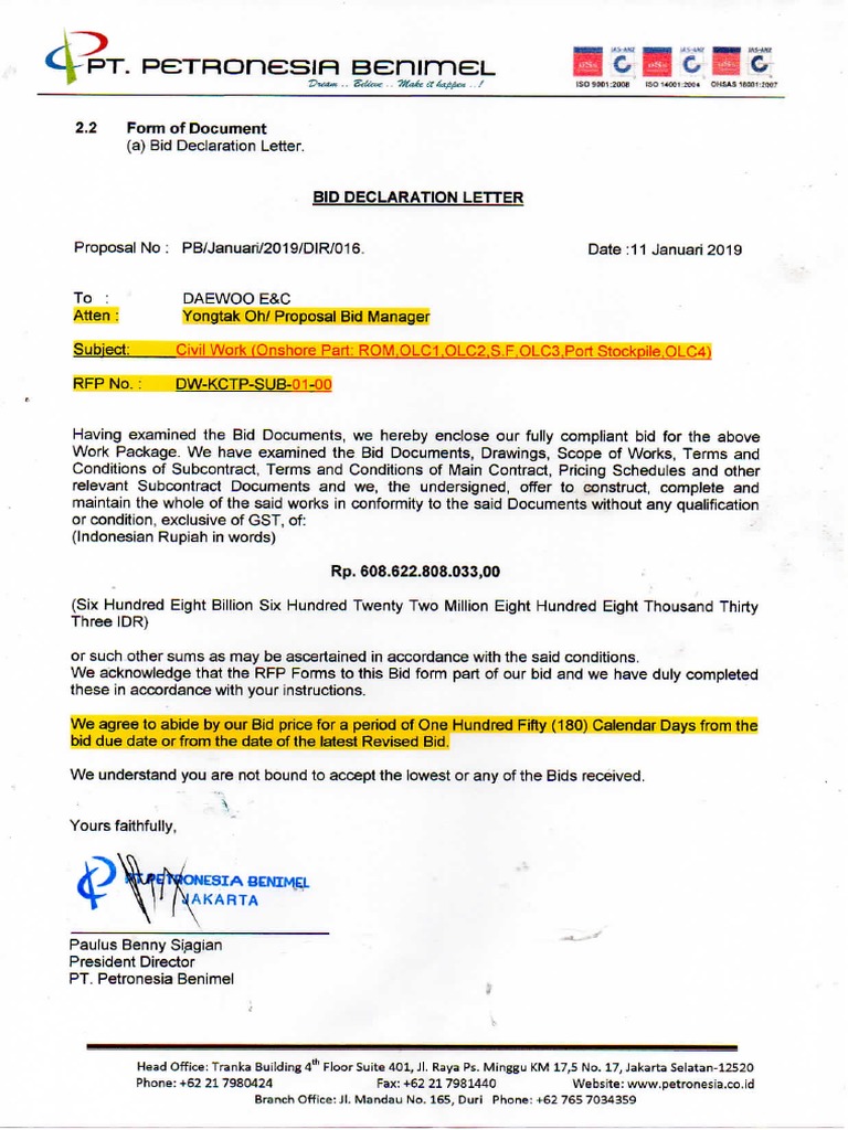 Bid Declaration Letter | PDF