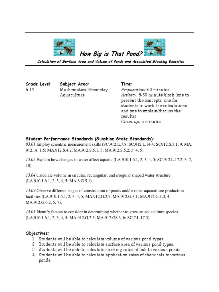 Calculation of Surface Area and Volume of Ponds and Associat | PDF ...