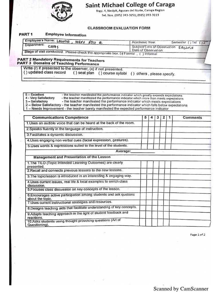 Classroom Evaluation Form | PDF
