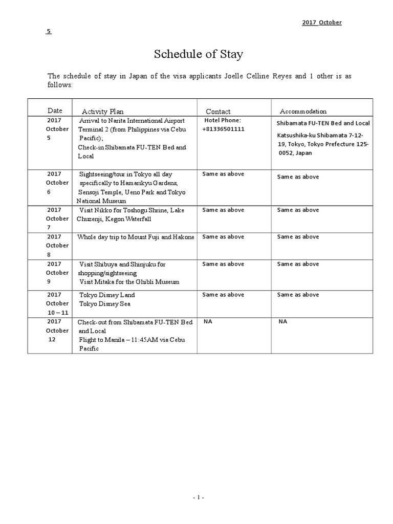 Japan Schedule of Stay 2017 | PDF | Travel | Language Arts & Discipline