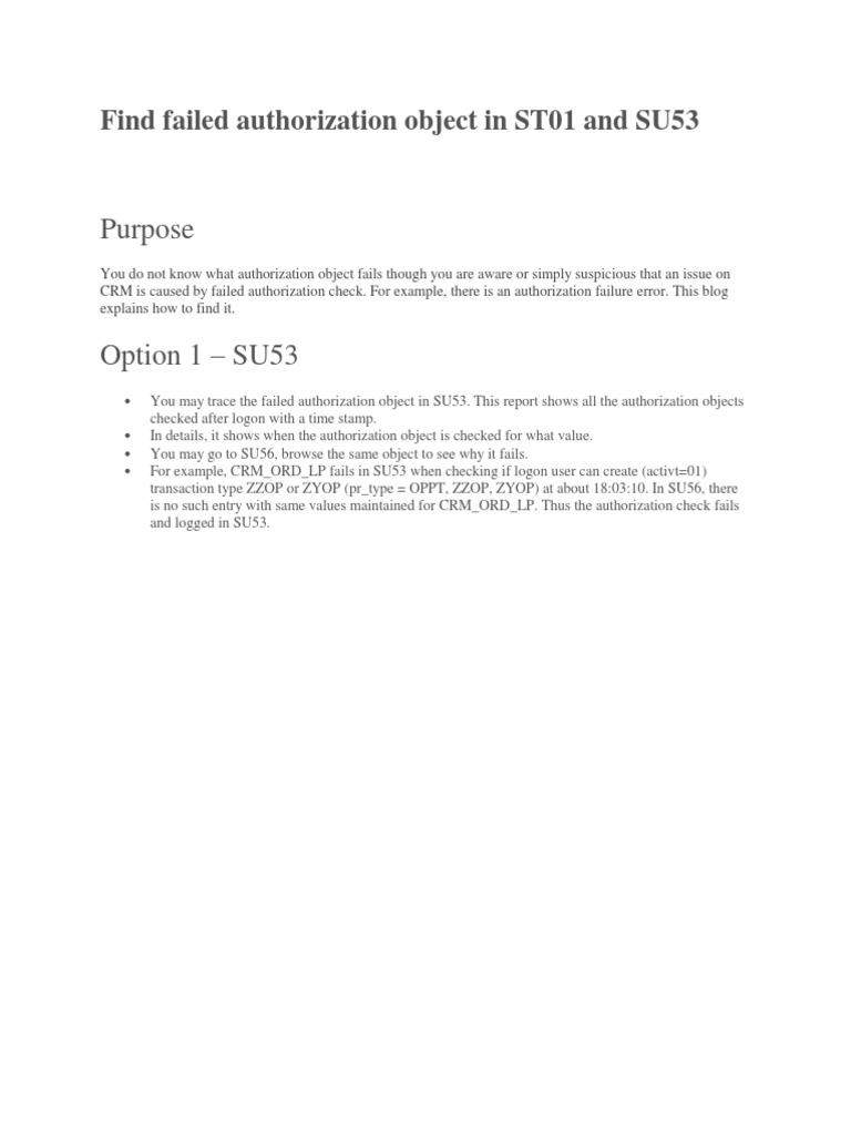Find Failed Authorization Object in ST01 and SU53 | PDF