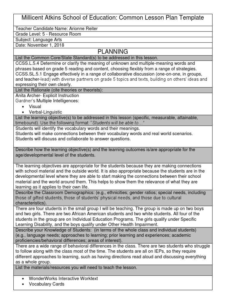 Teacher Work Sample | PDF | Reading Comprehension | Lesson Plan