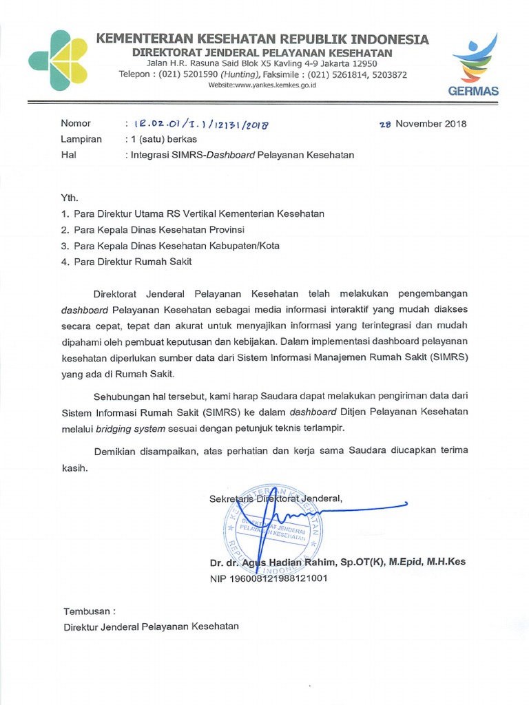 Surat Sesditjen Dan Juknis Integrasi Dashboard Yankes - SEMUA RS PDF | PDF