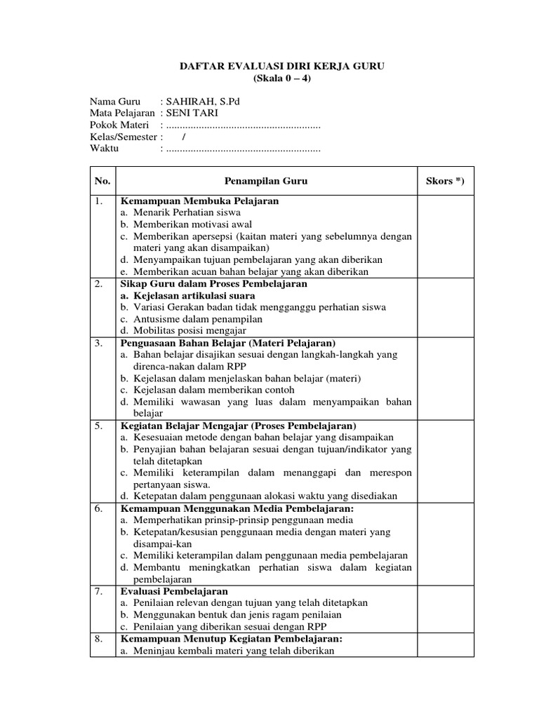 Daftar Evaluasi Diri Kerja Guru | PDF | Karier & Perkembangan | Seni & Disiplin Bahasa