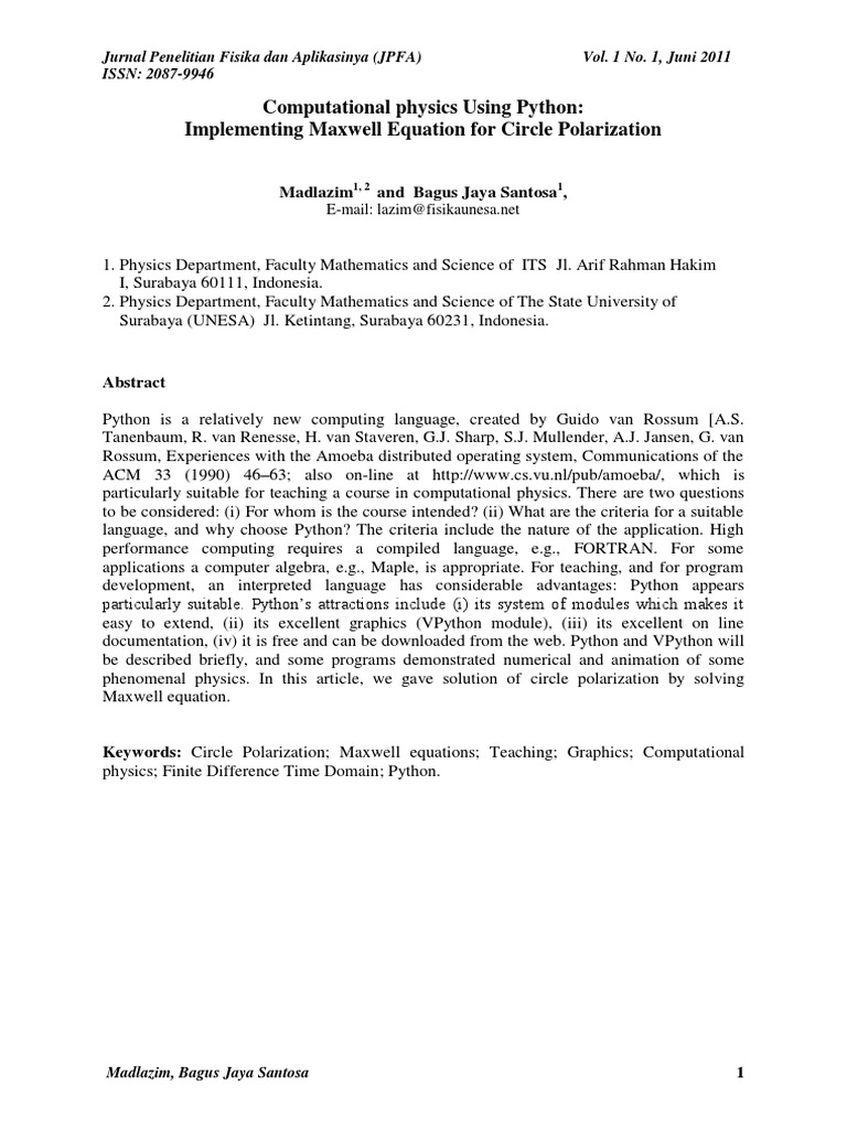 Computational Physics Using Python: Implementing Maxwell Equation For Circle Polarization | PDF ...