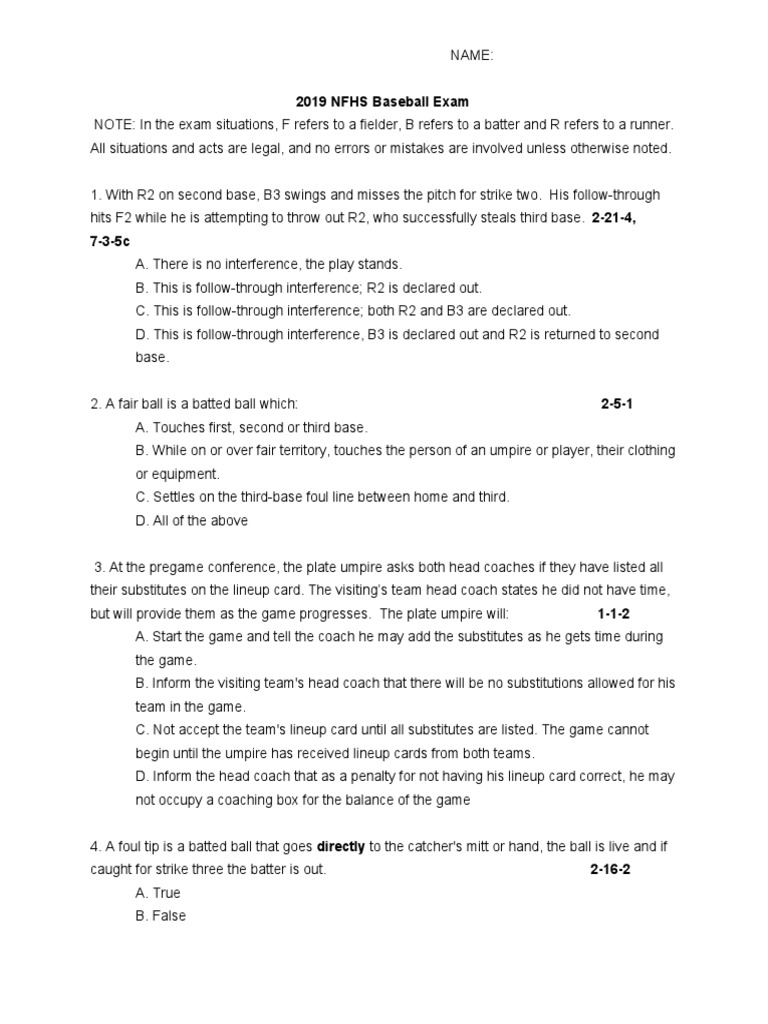 EXAM | PDF | Baseball Field | Batting (Baseball)