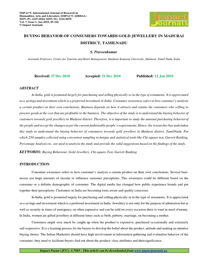 Buying Behavior of Consumers Towards Gold Jewellery in Madurai District ...