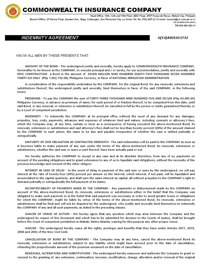 Indemnity Agreement | PDF | Indemnity | Interest