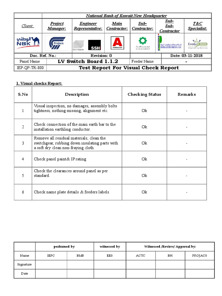 LV Switch Board 1.1.2 - Test Report For Visual Check Report: Client | PDF