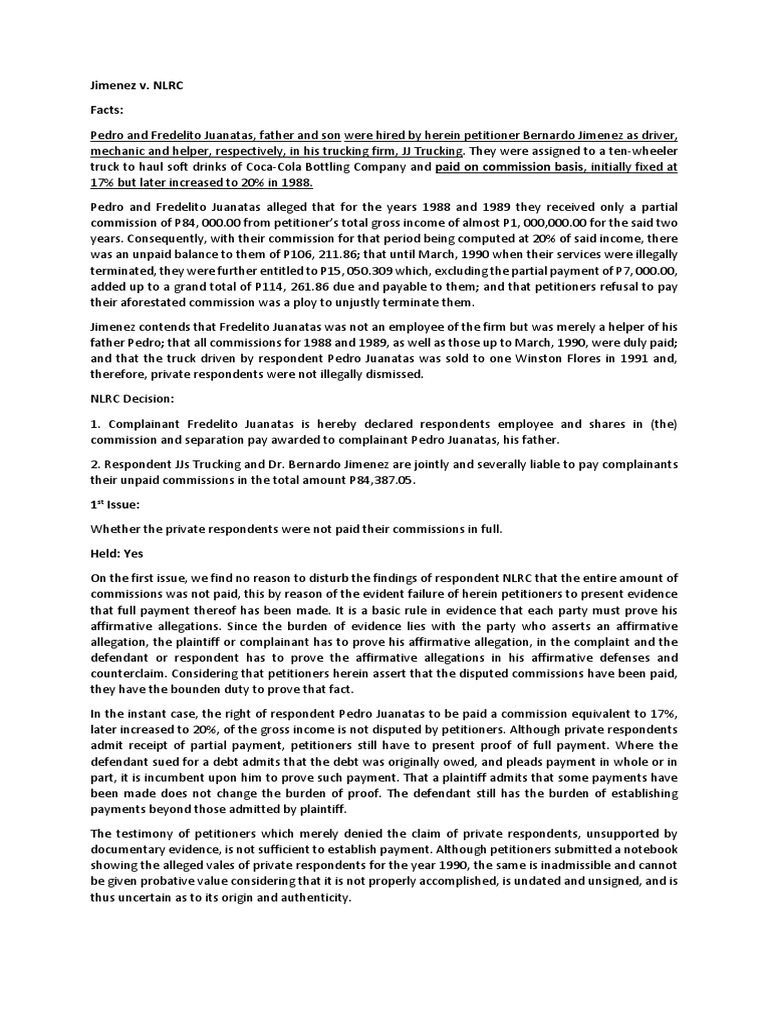 Jimenez V NLRC | PDF | Evidence | Employment
